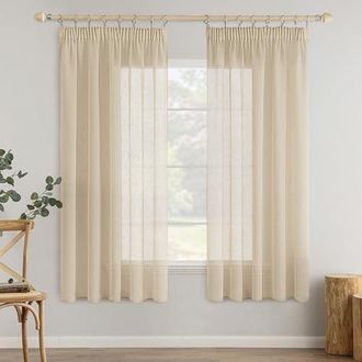 Miulee Lot de 2 Rideaux Voilages de Fen&ecirc;tre Lin Imitation Rideau avec Ruban fronceur Transparents D&eacute;corative Int&eacute;rieur Elegant Vintage pour Chambre Salon Bur