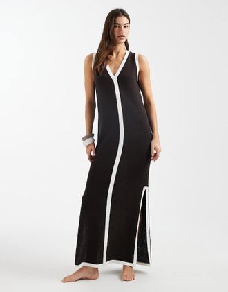 4th & Reckless Robe de plage longue en maille avec col V - Chocolat-Brown