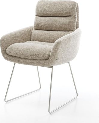 DELIFE Esszimmerstuhl Abelia-Flex mit Armlehnen Webstoff Soft Beige Kufengestell Edelstahl, Esszimmerst&uuml;hle