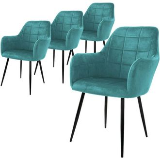 ML Design ECD Germany Set 4x Chaises de Salle &agrave; Manger P&eacute;trole, Style Moderne/Retro, Dossier et Accoudoirs Rembourr&eacute;e Aspect Velours, Pieds en M&eacute;tal Noir