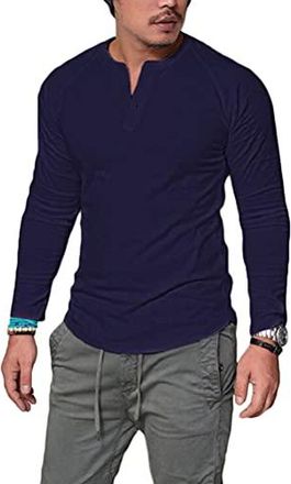 ORANDESIGNE Homme T-Shirt à Manches Longues Coupe Slim Henley T-Shirt Décontractée Col en V Maillots de Corps Tee Shirt Basiques A Bleu Foncé XS