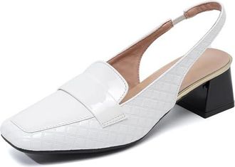 Generic Mary Jane Slingback Chaussures &agrave; talon bas pour femme, bout carr&eacute;, talon de 5,1 cm, chaussures habill&eacute;es en cuir verni pour le travail, blanc, 40.5 EU