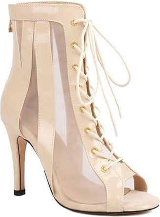 Minitoo Sandales sexy pour salle de bal - Bottines pour femme - En maille - Lacets à lacets - Talons aiguilles - Z020, Z020 beige, 39 EU