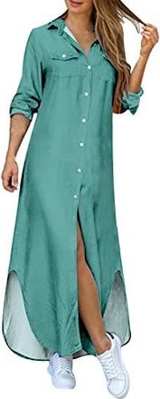 Generic 2025-Robe Chemise Femme Manche Longue- Robe Grande Taille Fendue Couleur Unie Chic Et &Eacute;l&eacute;gants Casual avec Boutons Classiques De Tous Les Jours Confor
