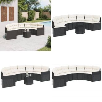 vidaXL Gartensofa mit Tisch und Kissen Halbrund Schwarz Poly-Rattan - Gartensofa - Outdoor-Sofa - Halbrunder Gartensofa - Lounge Set - Gartenlounge - Home &