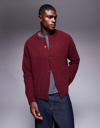 Asos Kastige, schwere Oversize-Strickjacke in Burgunderrot mit Rundhalsausschnitt