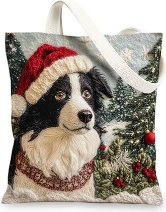 Generic Sac fourre-tout en toile motif Border Collie de No&euml;l pour faire du shopping, 33 x 38,1 cm, sac d&eacute;picerie r&eacute;utilisable pour femme, peinture danimaux do