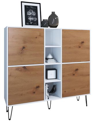 Vladon Highboard Havana V3, Kommode mit 4 Türen und 4 offene Fächer, Kommode Made in Germany, Weiß matt/Eiche Evoke (130,5 x 124 x 35 cm)
