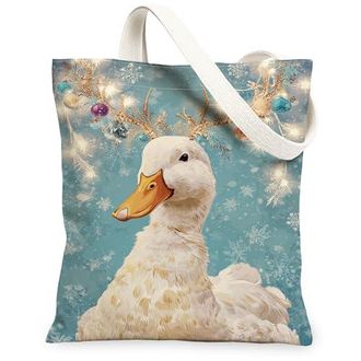 Generic Sacs fourre-tout en toile de canard de Noël, motif animal, sacs dépicerie réutilisables, sacs dépicerie dhiver, légers et lavables en toile pour voyag