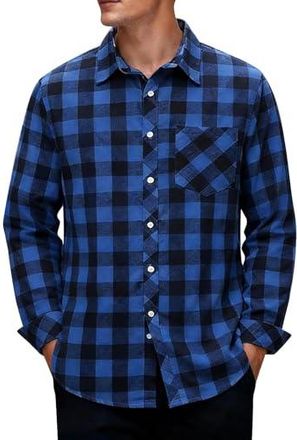 Generic Chemise &agrave; carreaux pour homme - Haut boutonn&eacute; avec poche - Manches longues - Col &agrave; revers d&eacute;contract&eacute; - Coupe ample - R&eacute;tro - Costume extensible pour 