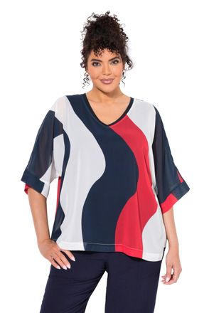 Ulla Popken Damen große Größen Übergrößen Plus Size Chiffon-Tunika, doppellagig, V-Ausschnitt, 3/4-Arm Marine 62+ 837606770-62+