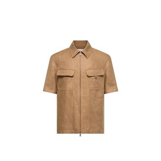 Moncler Moncler Linen Twill Short Sleeve Zip-up Shirt, Men, Brown, Size: Xl