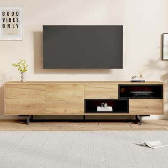 Generic TV Lowboard 173x38x48cm bis 70 Zoll f&uuml;r Wohnzimmer, TV-Schrank Holzoptik hell modern, 2 T&uuml;ren, Leiterf&auml;cher, Diagonalschubladen, Kabeldurchf&uuml;hrungen, 