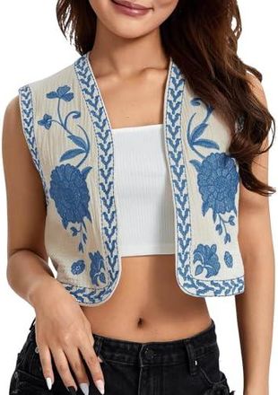 Generic 2026 Vestes pour femmes, gilet brod&eacute; floral pour veste sans col, veste sans manches, style d&eacute;contract&eacute;, cardigan court ouvert sur le devant, bleu, XS