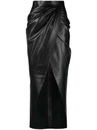 Balmain jupe portefeuille drap&eacute;e en cuir - Noir