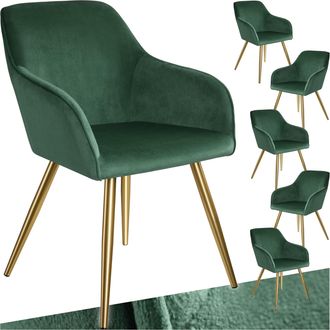 TecTake 6er Set moderner Esszimmer Stuhl, Sitzfläche aus Samt, Armlehnstuhl, Sessel Wohnzimmer, gepolsterter Bürostuhl mit goldeden Metallbeinen, Schminktisch