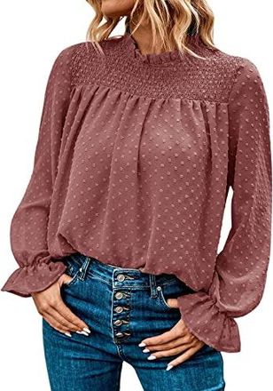 Generic Chemise en mousseline de soie &agrave; manches longues pour femme - Automne et hiver - Col rond - Volants - Couleur unie, rose, XL