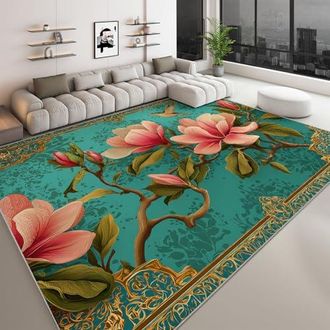 Generic Tapis Bleu-Vert Lavable pour Salon, Tapis &agrave; Poils Courts Antid&eacute;rapant Traditionnel &Eacute;l&eacute;gant Floral Animaux pour Enfants Bureau Salle &agrave; Manger Cuisine e