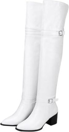 UPKOCH Longues Femme à Talons Épais Hautes Au-dessus Du Genou Hiver et Automne Ceinture Blanche avec Boucle Confort Antidérapant Chaudes et Élégantes