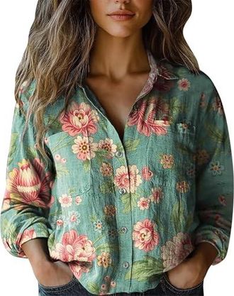 Generic Chemisier &agrave; manches longues pour femme - Col en V - Boutonn&eacute; - Style vintage - Chemise florale - Motif floral - Chemisier &agrave; manches longues - Chemisie