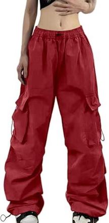 Generic Pantalon de parachute cargo dété 2026 pour femme, coupe ample, style urbain, rouge pastèque, XXL