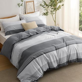Bedsure Bettw&auml;sche 240x220 3teilig Bettbezug - Bettw&auml;sche-Sets Grau 240 x 220 cm mit 2 Kissenbez&uuml;ge 50x75 cm, &Ouml;KO-TEX Wendebettw&auml;sche Bedding Grau Gestreift M