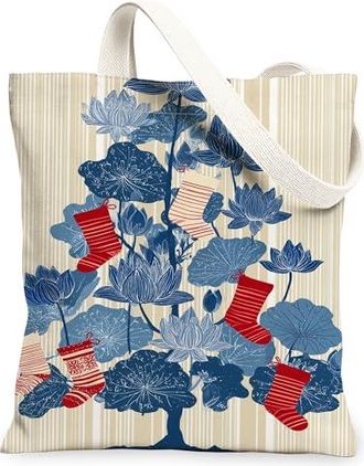 Generic Sacs fourre-tout en toile florale de No&euml;l, motif botanique, sacs de courses r&eacute;utilisables, vintage, chic, l&eacute;ger et lavable pour voyage, plage, 33 x 38