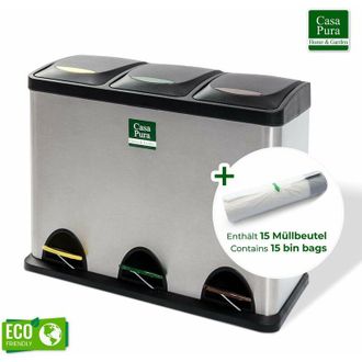 Casa Pura Casa Pura - Poubelle tri s&eacute;lectif Brandon, Poubelle tri s&eacute;lectif &agrave; p&eacute;dale, Acier inoxydable, 3 bacs, 24 Litres, sacs poubelle inclus