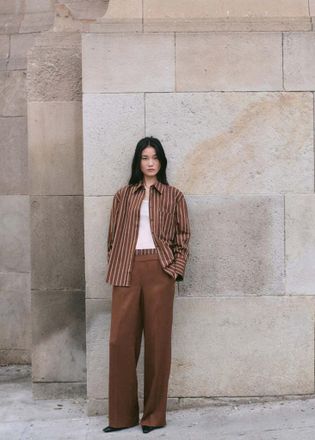 Mango Pantalon en lyocell taille combin&eacute;e &agrave; rayures marron - Femme - 34 - MANGO