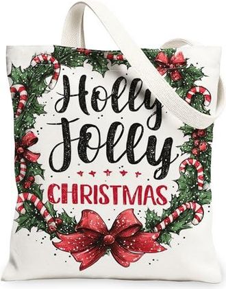 Generic Holly Jolly Sacs fourre-tout en toile de No&euml;l, motifs festifs, sacs d&eacute;picerie r&eacute;utilisables, l&eacute;gers et lavables avec bandouli&egrave;re C, blanc, 13x15 Inch