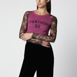 Valentino Cyclamenfarbenes Panther 60 T-Shirt mit schwarzen Spitzeneins&auml;tzen an den &Auml;rmeln