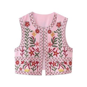 Generic bgyujn Veste Femme &Eacute;l&eacute;gant Baggy Respirant Streetware Femme Veste Sans Manches pour Femme Style Fran&ccedil;ais, Brod&eacute; Polyvalent, Cardigan Court, Gilet D&eacute;co