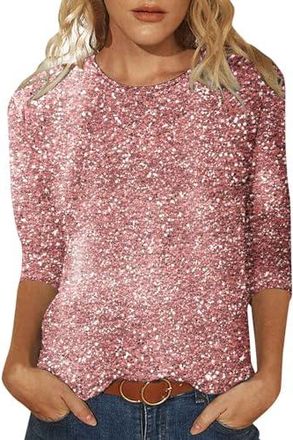 Generic Joli t-shirt &agrave; paillettes &agrave; manches 3/4 pour femme 2025 col rond gym &eacute;t&eacute; coupe ample t-shirt d&eacute;contract&eacute; &agrave; strass tendance t-shirts basiques pour sort