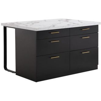 Vente-Unique Vente-unique - Ilot central de cuisine avec 6 tiroirs en mdf et métal - Noir et Effet Marbre blanc - alegrita