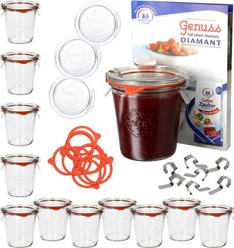 MamboCat 12er Set Weckgläser mit Deckel Einkochring Klammern I Original Weck Sturzgläser 290ml I Einweckgläser für Kuchen Gelees UVM I Marmeladenglas inkl. Dia