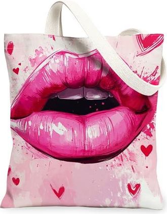 Generic Sacs fourre-tout en toile pour la Saint-Valentin, motif imprim&eacute; l&egrave;vres &eacute;l&eacute;gantes, sacs de courses r&eacute;utilisables, l&eacute;gers et lavables en toile pour voya