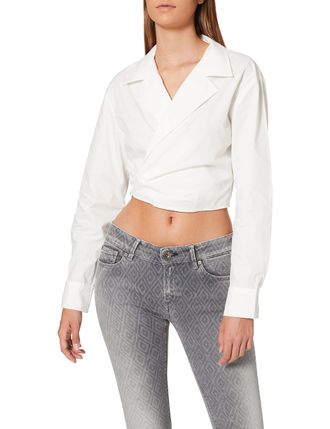 NA-KD Damen Overlap Cropped Shirt Hemd, weiß, 36 EU