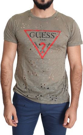 Guess Braun Baumwolle Stretch Logo Druck Herren Freizeit Perforiertes T-Shirt