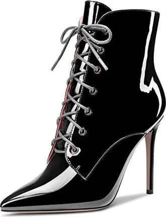 Castamere Femmes Aiguille Haut High Talon Heel Fermeture à Glissière Pointu Bout Bottines Lacets Dress Sexy Bureau 10 CM Heels Bottes Noir Vernis 45 EU