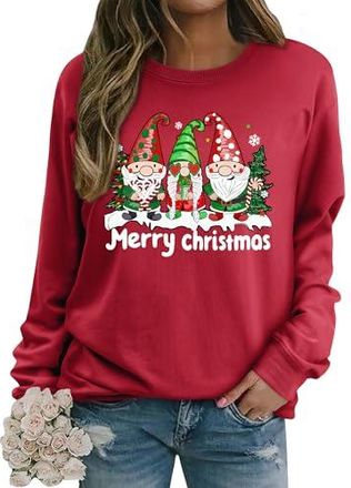 Dresswel Pull de No&euml;l pour femmes - Merry Christmas - Sweatshirt dr&ocirc;le avec impression de gnomes - Coton - Pull de No&euml;l - Tops de No&euml;l - Pull de No&euml;l pour adol