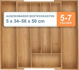 Relaxdays Besteckkasten, 5-7 Fächer, ausziehbarer Besteck Schubladeneinsatz, HxBxT: 6 x 34-56 x 50 cm, Bambus, Natur