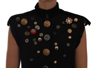 Dolce & Gabbana Womens Black Embellished Floral Military Jacket Vest Cotton Clothing