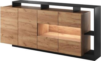 Vente-Unique Vente-Unique - Buffet 4 portes 4 niches avec LEDs - Naturel clair et anthracite - Panneau de particule et verre tremp&eacute; - &Eacute;co-responsable fabriqu&eacute; en
