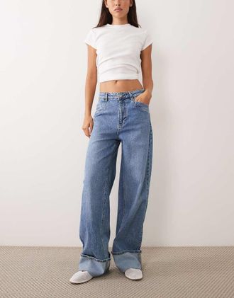 Vila jean large taille haute &agrave; revers bleu moyen