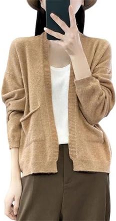 Generic Cardigan tricot&eacute; en laine fine m&eacute;lang&eacute;e &agrave; col en V sans boucle pour femme, Camel dor&eacute;, XS
