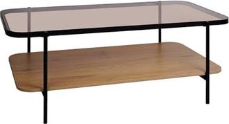 Sweeek Table Basse Vintage en m&eacute;tal Noir avec 2 Plateaux (Verre et d&eacute;cor Bois). Bords arrondis