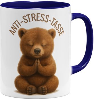 OM3 B&auml;rchen Anti-Stress Kaffee-Tasse - S&uuml;&szlig;e B&auml;r Keramiktasse mit Namaste Motiv - Keramik Becher - 325ml - Beidseitig Bedruckt - Dunkelblau