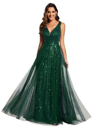 Ever-pretty Robe Femme de Soir&eacute;e Longue Paillettes Tulle Col V sans Manche Chic pour Gala Vert Fonc&eacute; 42