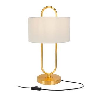Relaxdays Tischlampe, offene U-Form, Leinenschirm, E27, HD 55x30,5cm, Nachttischlampe mit Kabel, Schlafzimmer, wei&szlig;/Gold