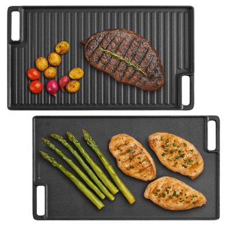 Navaris Doppelseitige Grillpfanne aus Gusseisen - 47 x 27,5cm Eingebrannte Pfanne Gusseisen - Langlebig und hitzebest&auml;ndig, f&uuml;r Gaskocher, Grill - Grillpfanne